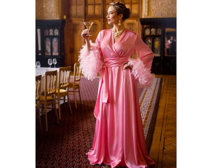Dusty Pink Robe With Marabou Feather Trim Long - Etsy Dusty Pink Robe With Marabou Feather Trim Long - Etsy