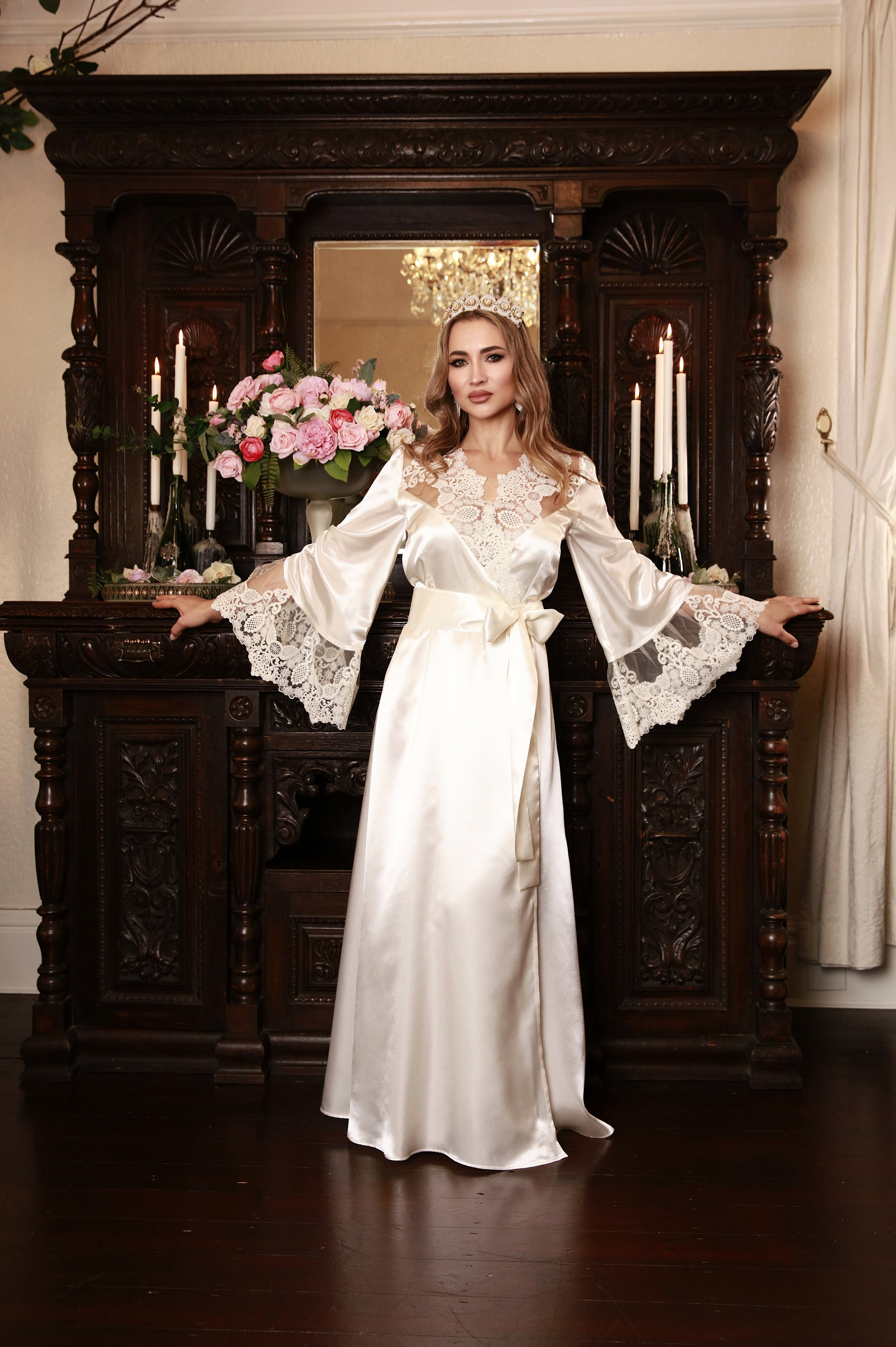 Boudoir Dress White Bride Getting Ready Long Lace Robe Maxi - Etsy