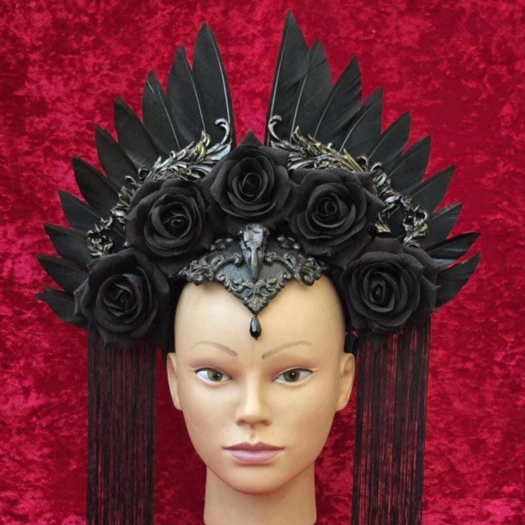 Dark Queen Gothic Headpiece Feather Crown Headdress Black Wedding Dress ...