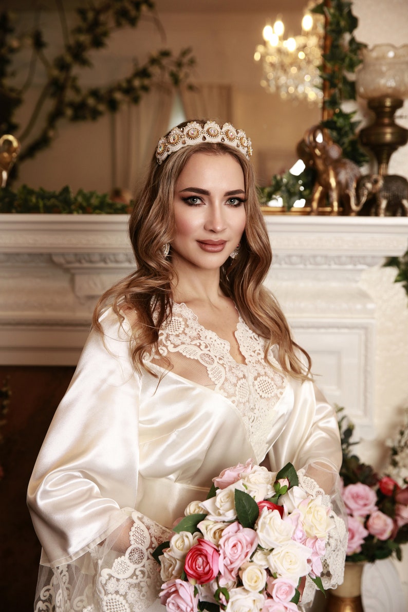 Boudoir Dress White Bride Getting Ready Long Lace Guipure Satin Robe ...
