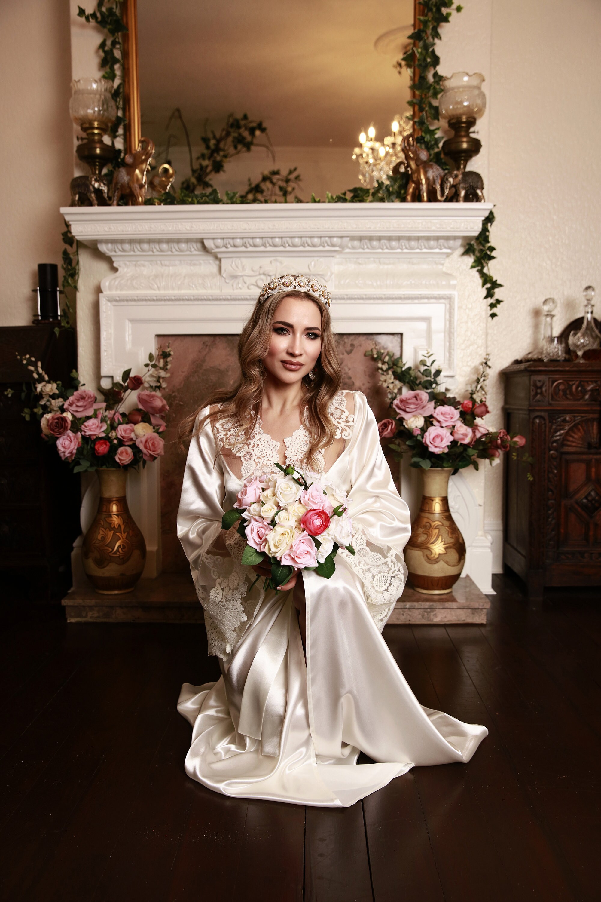 Boudoir Dress White Bride Getting Ready Long Lace Guipure Satin Robe ...