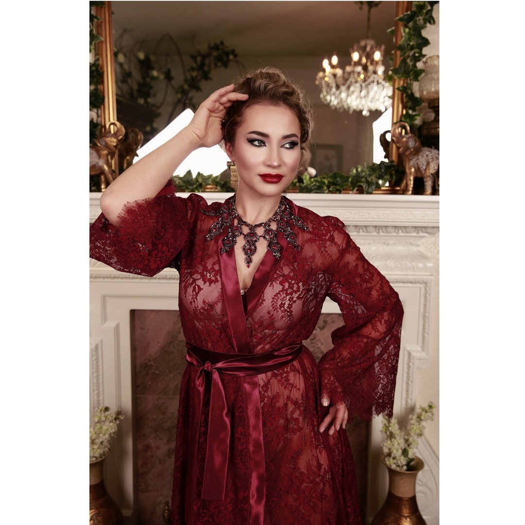 Boudoir Burgundy Dress Gift for Her Long Lace Robe Lingerie Sexy Red ...