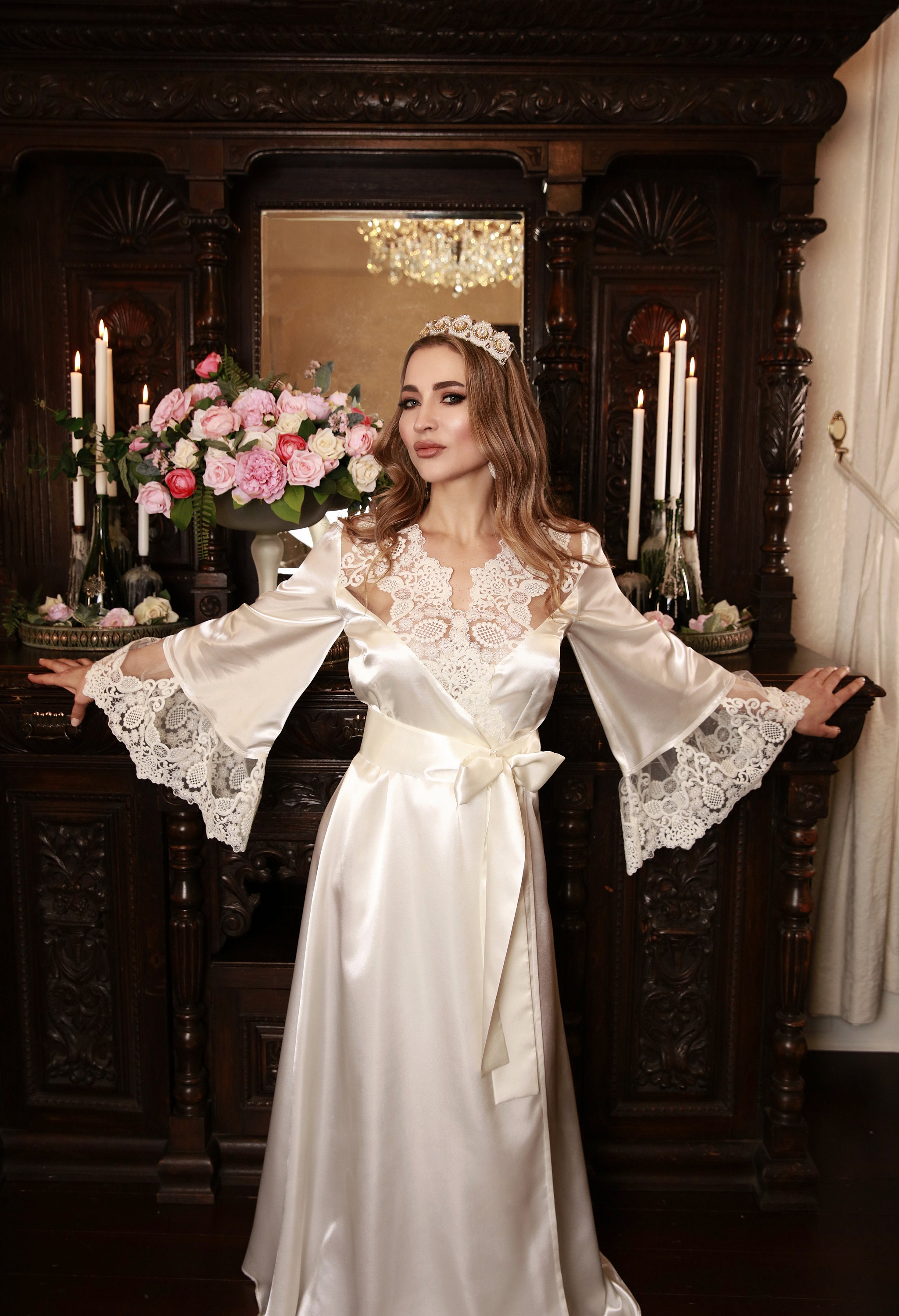 Boudoir Dress White Bride Getting Ready Long Lace Robe Maxi - Etsy