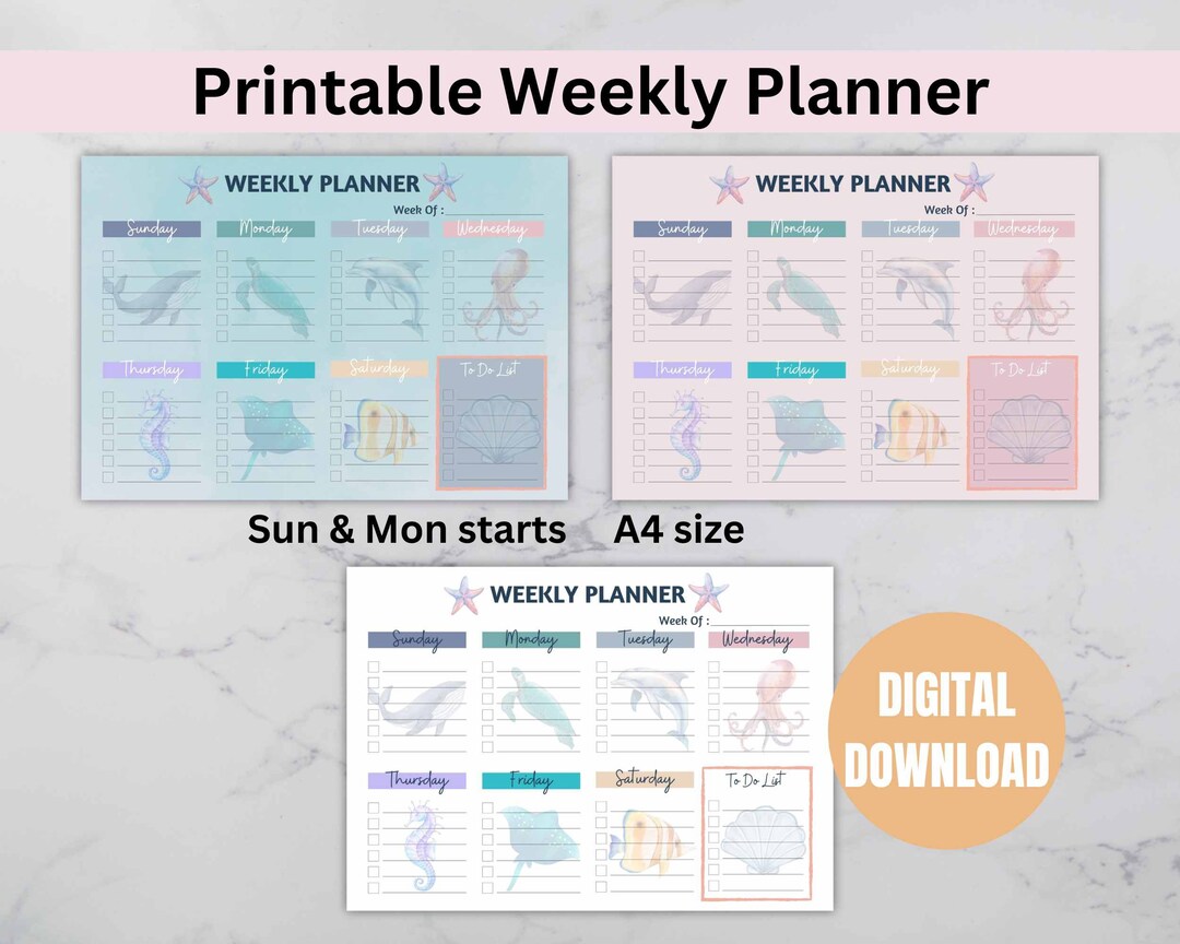 Weekly Planner Printable Underwater Sea Creatures Digital Week Planner ...