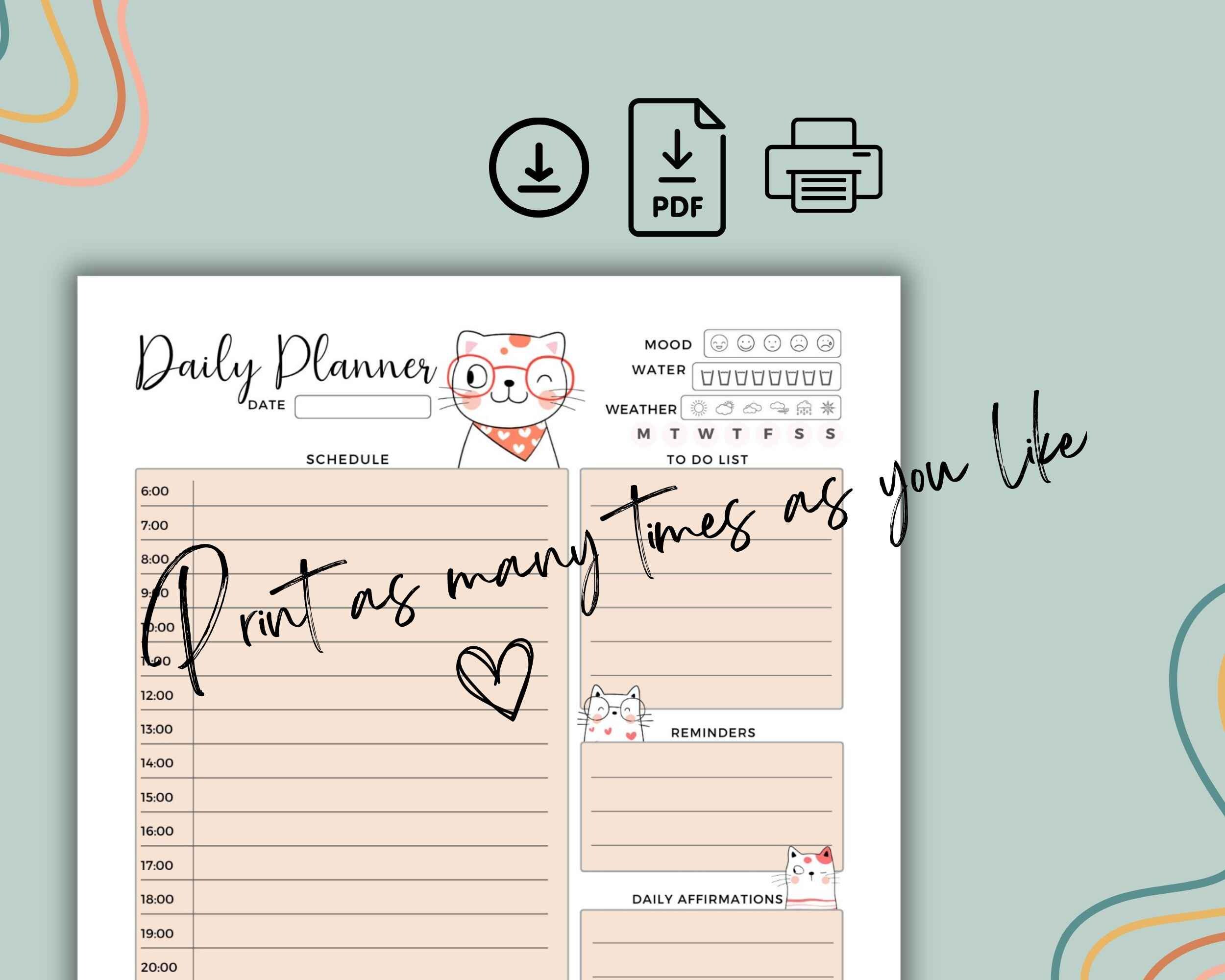 Printable Daily Planner, Work Day Diary, Blank Template, Planner Pdf ...