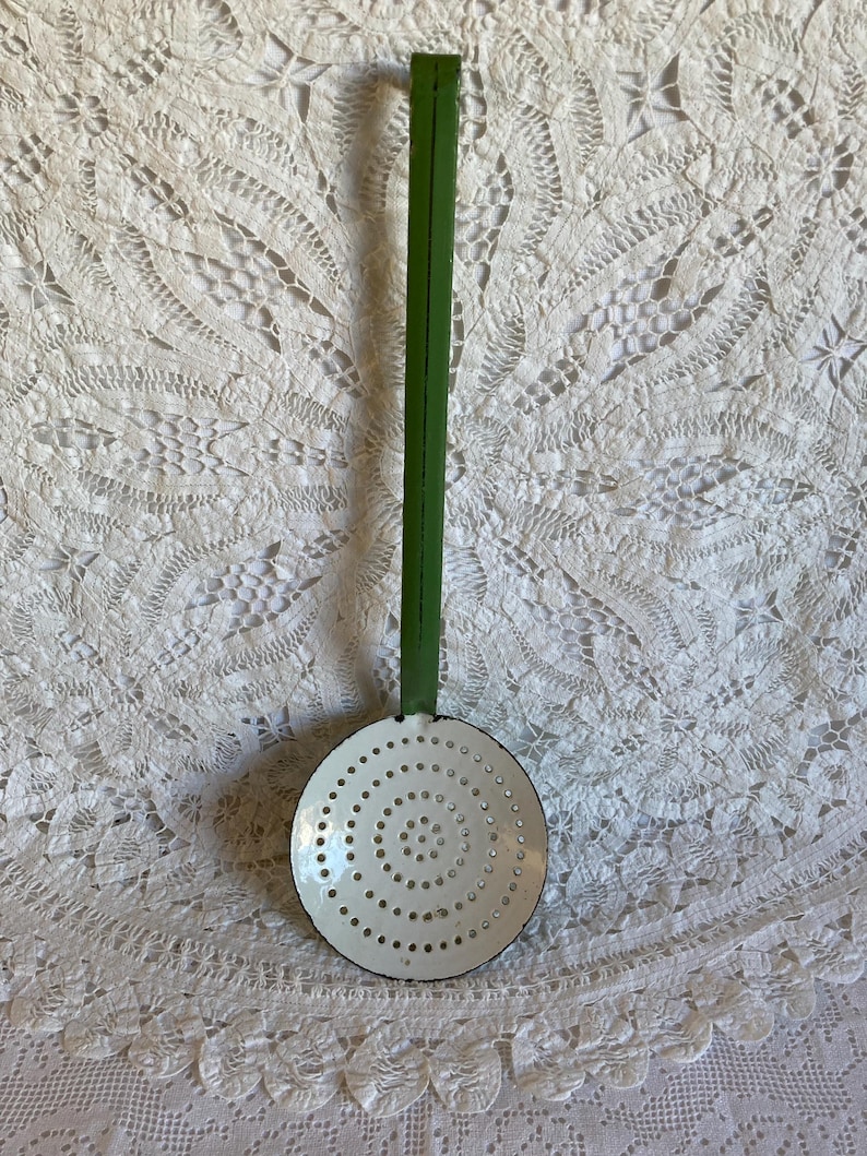 Vintage Enamel Skimmer/ Strainer With Handle. Green White - Etsy