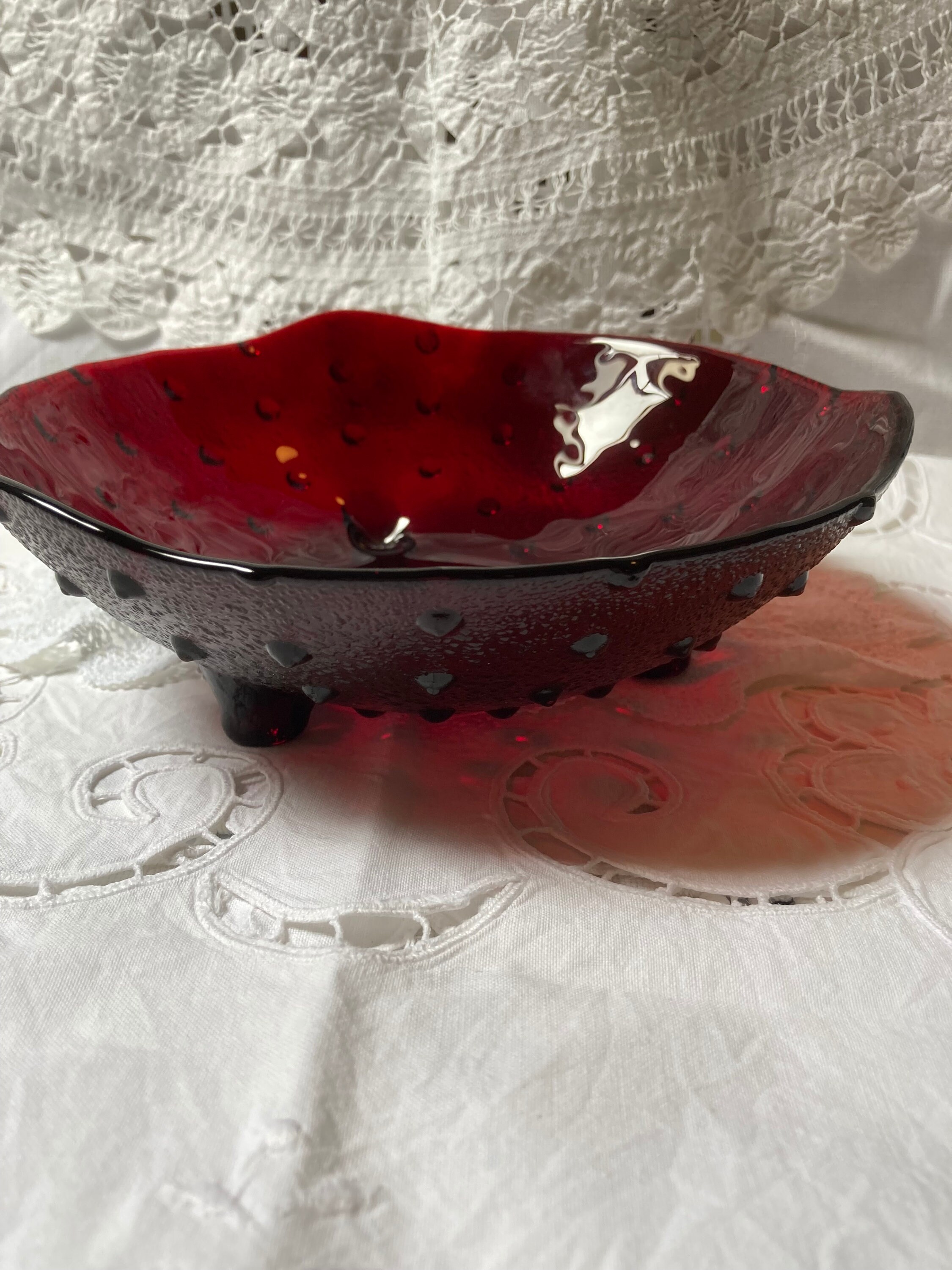 Vintage Red Ruby Press Glass Bowl With Glass Balls on 3 Feet. - Etsy