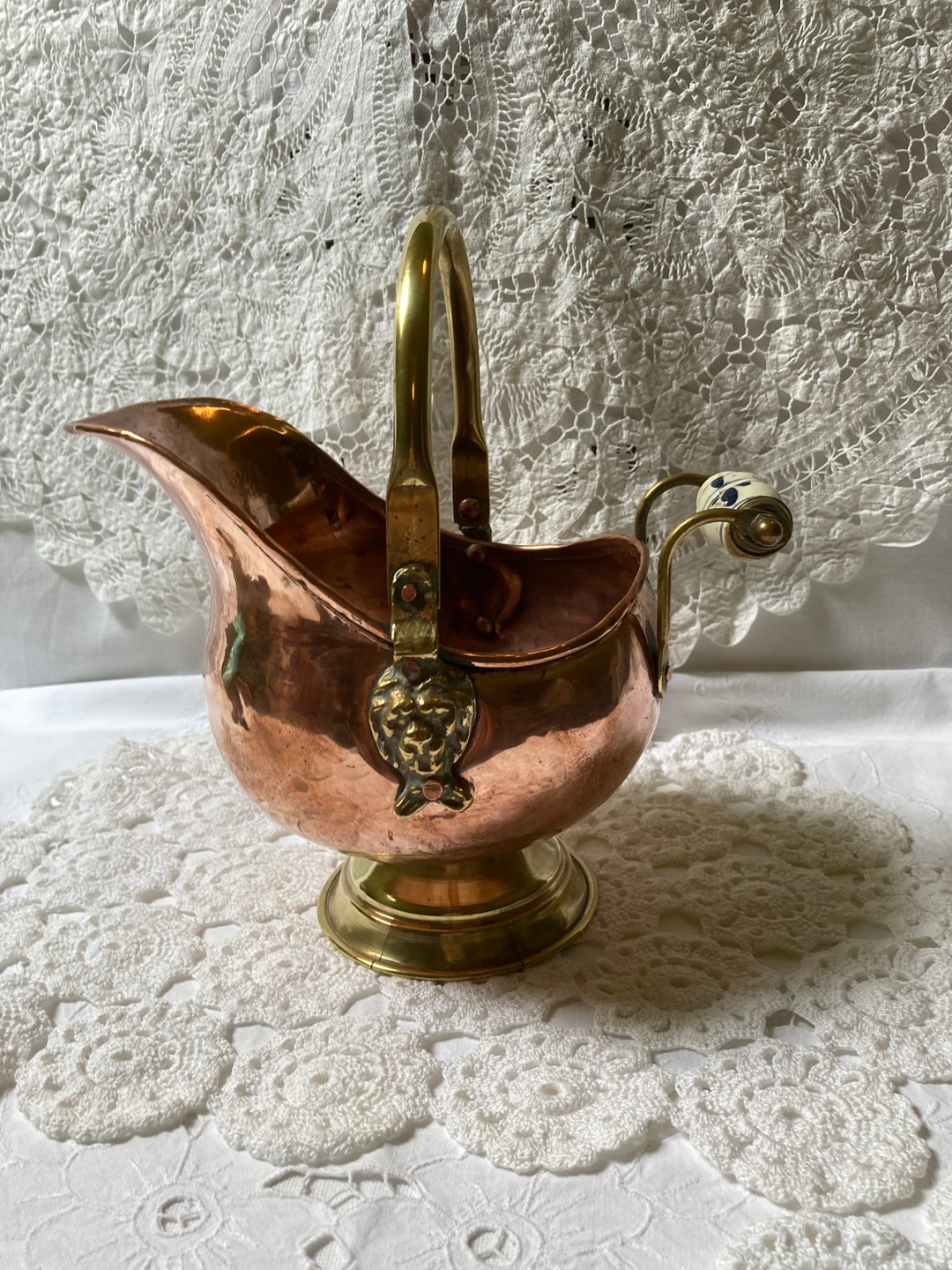 Antique Lion Heads Coal Scuttle, Red Copper, Brass and Ceramic . - Etsy