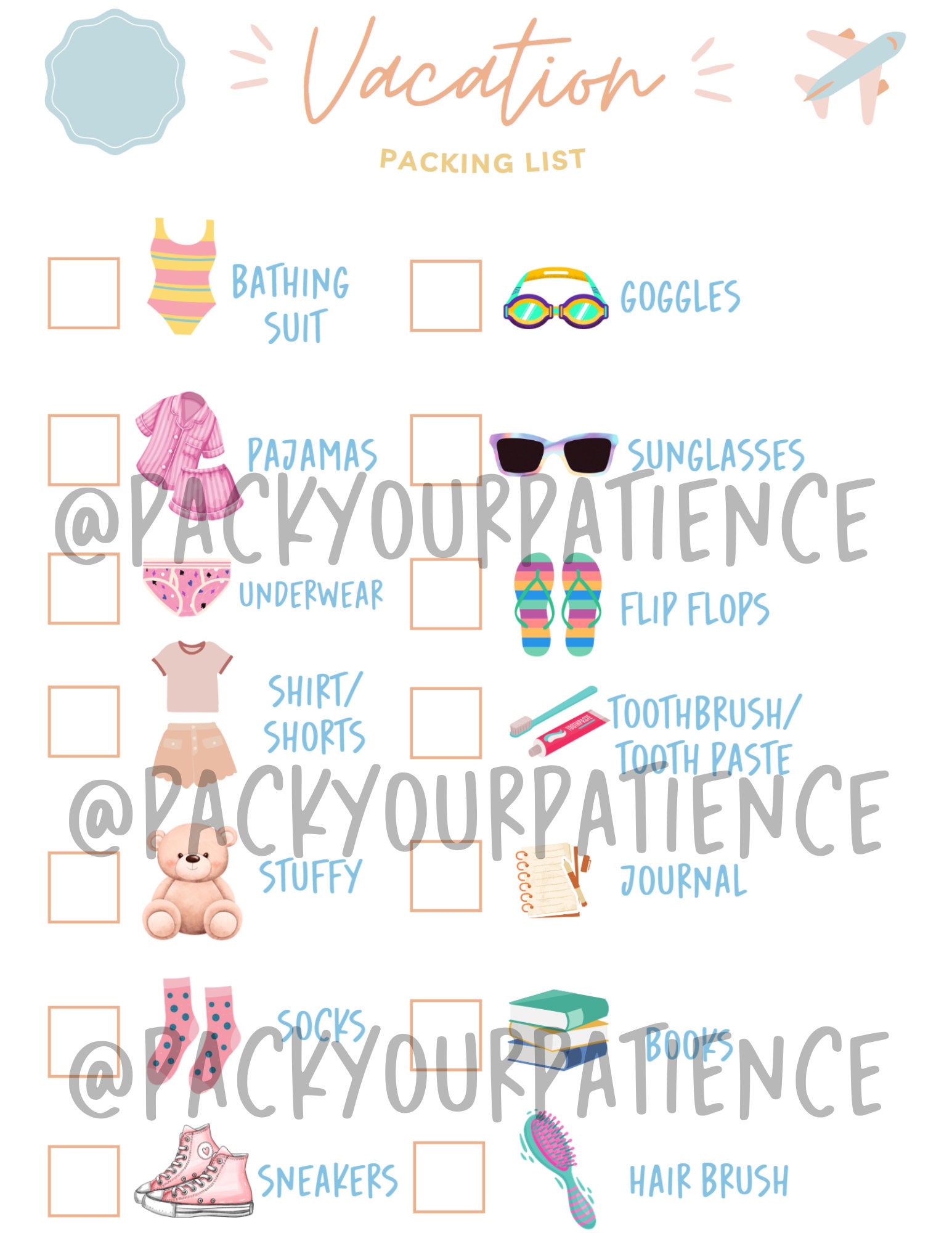 Summer Vacation Packing List for Girls, Organization Help, Instant ...