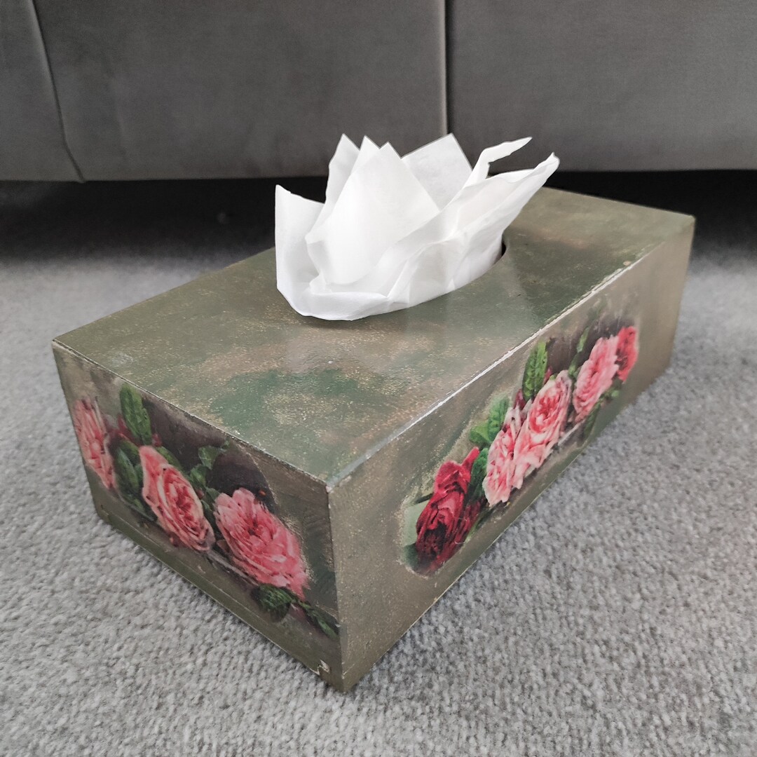 Vintage Wooden Tissue Box Cover Dispensers With Old Roses Motif, Tissue ...