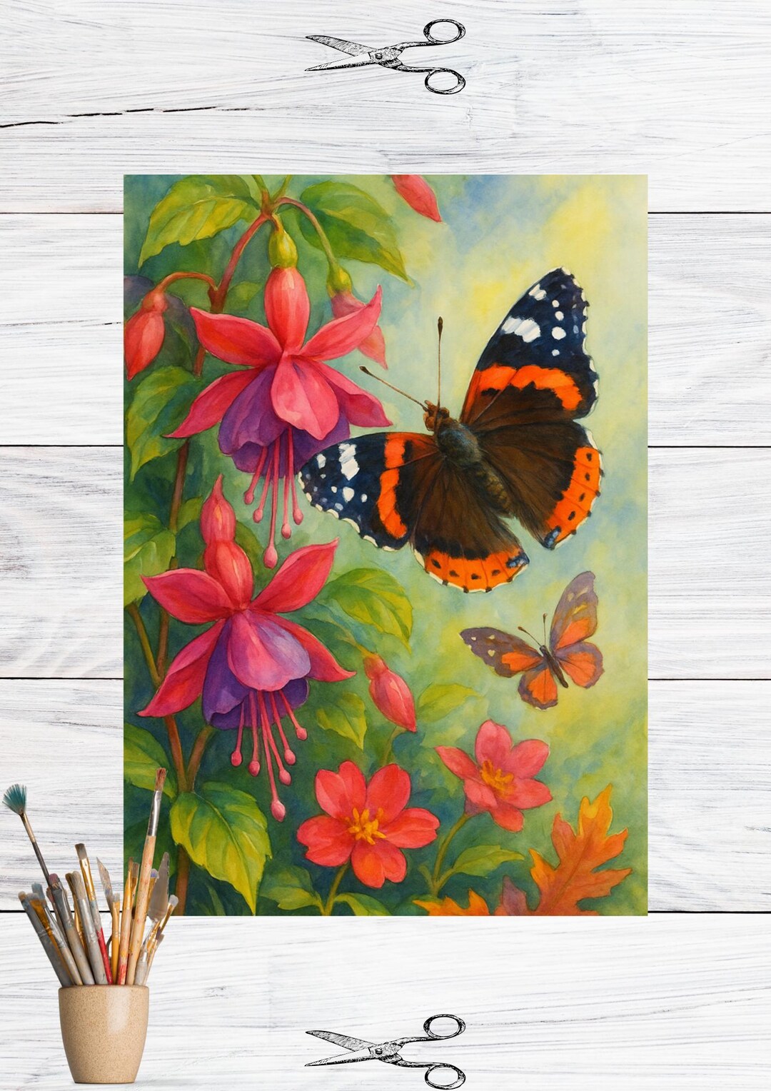 Fuchsia and Butterfly Rice Paper, Red Admiral and Summer Flowers ...