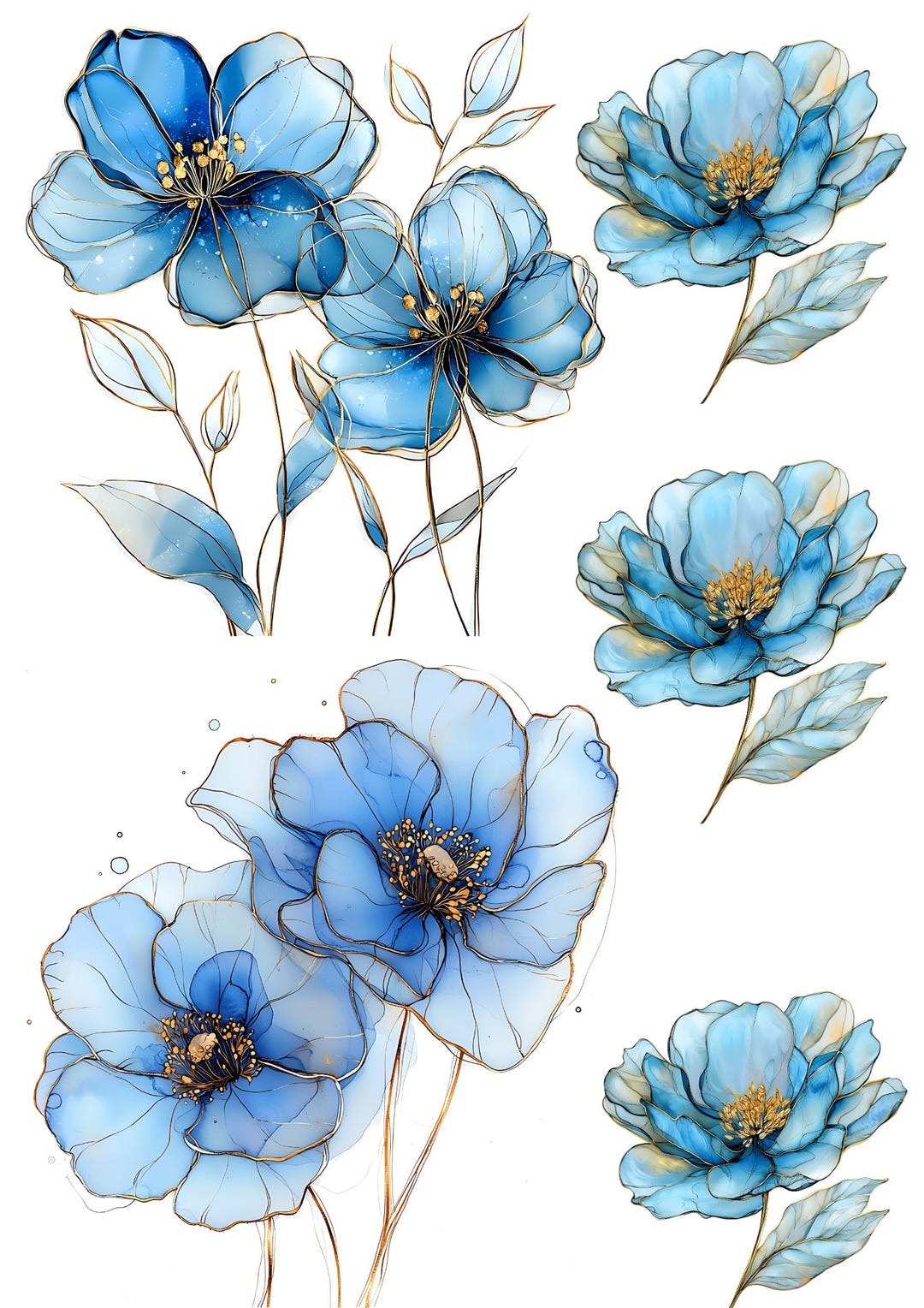 A4 Watercolor Blue Floral Rice Paper for Decoupage, Abstract Flower ...