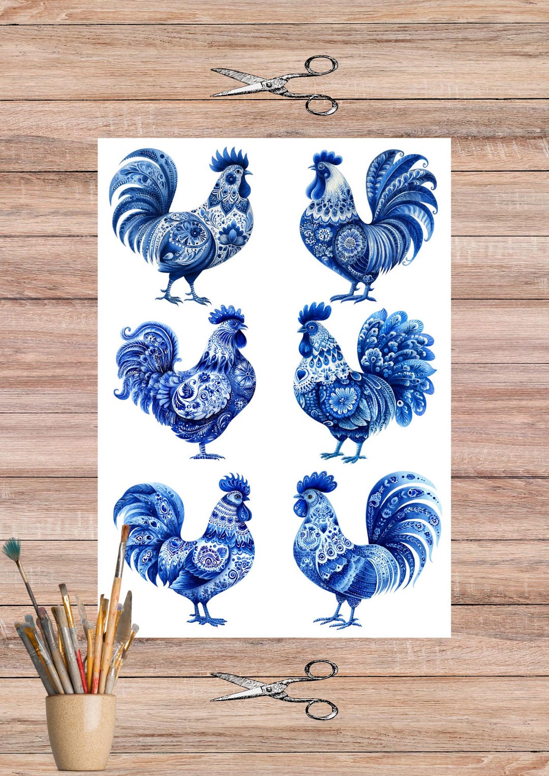 Folk Art Rooster Rice Paper – Cobalt Blue Decorative Rooster With ...