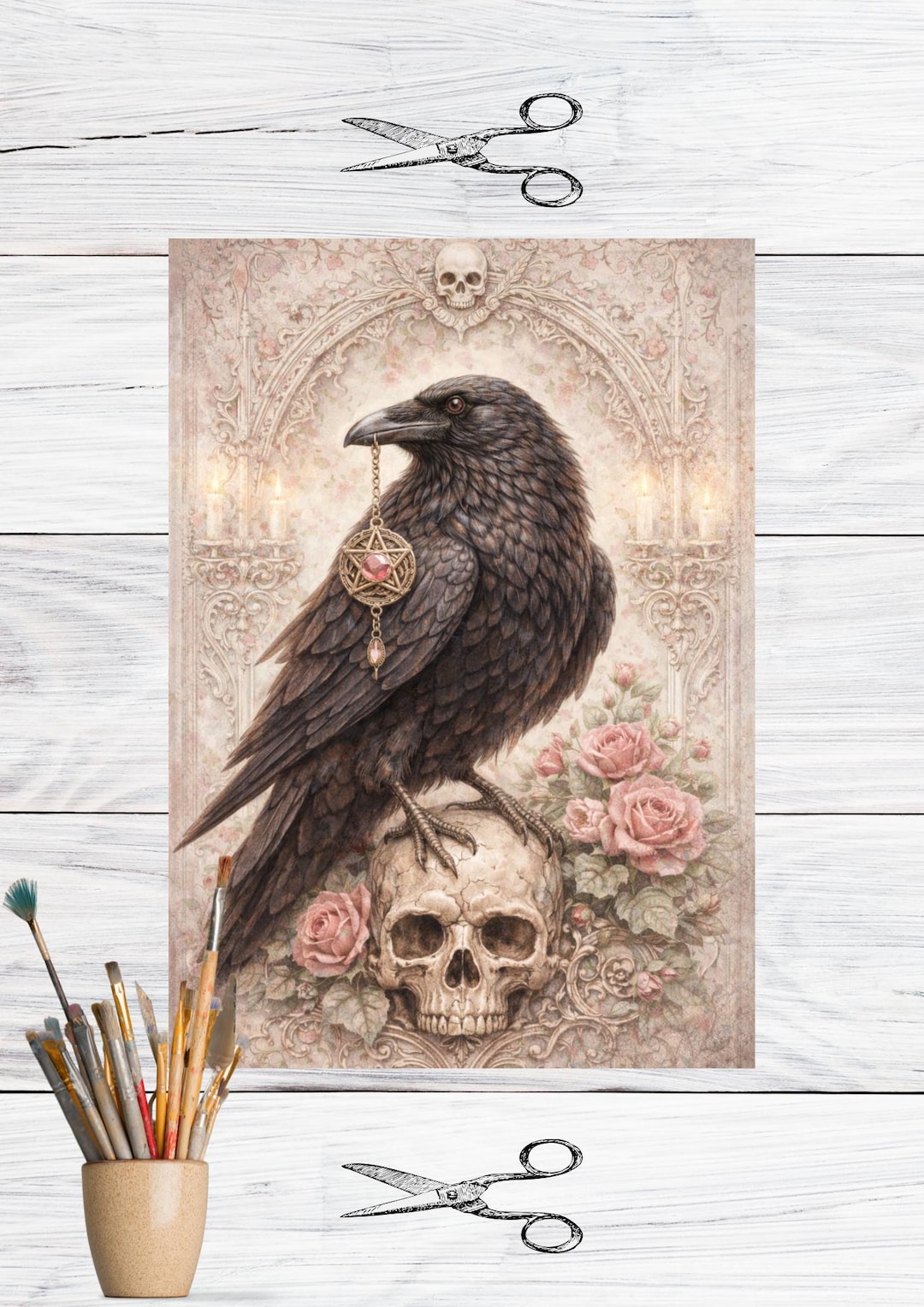 Shabby Chic Raven on Skull Rice Paper for Decoupage - Gothic Crow ...