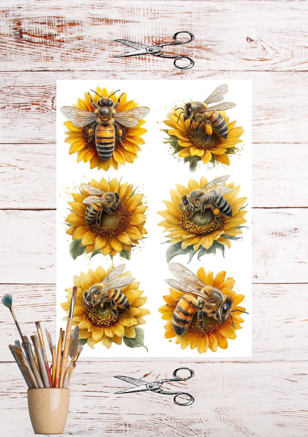 Rice Paper for Decoupage, Honey Bee on Sunflower ,watercolor Floral ...