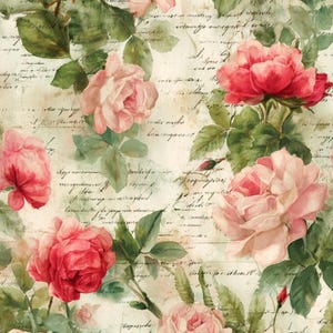 Vintage Rose Rice Paper for Decoupage, Distressed Floral Script, Roses ...