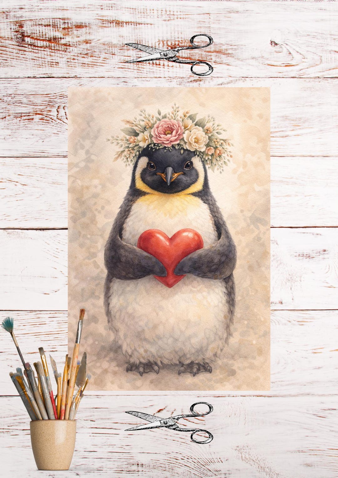 Rice Paper for Decoupage Penguin With Red Heart, Shabby Chic Watercolor ...