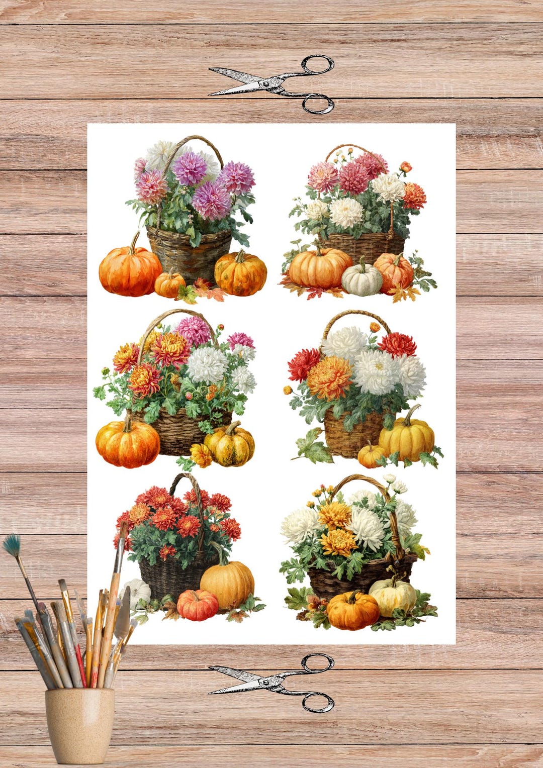 Autumn Basket Rice Paper – Watercolor Chrysanthemums and Pumpkins ...