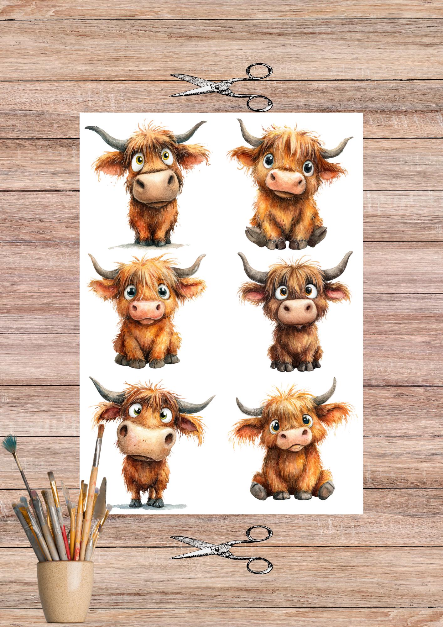 Highland Cow Rice Paper – Whimsical Watercolor Cow With Oversized Ears ...