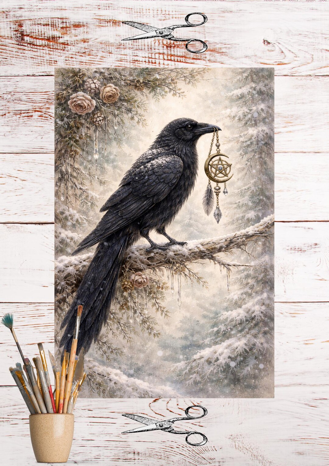 Majestic Raven Decoupage Rice Paper ,winter Forest Crow With Talisman ...
