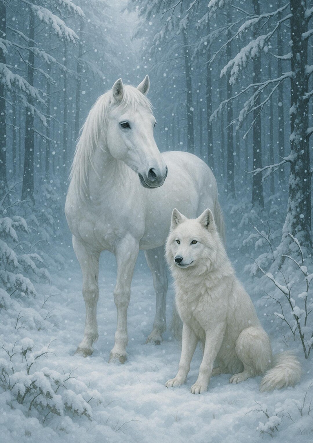 White Horse & Wolf Rice Paper: Enchanted Snowy Forest Scene A4 - Etsy
