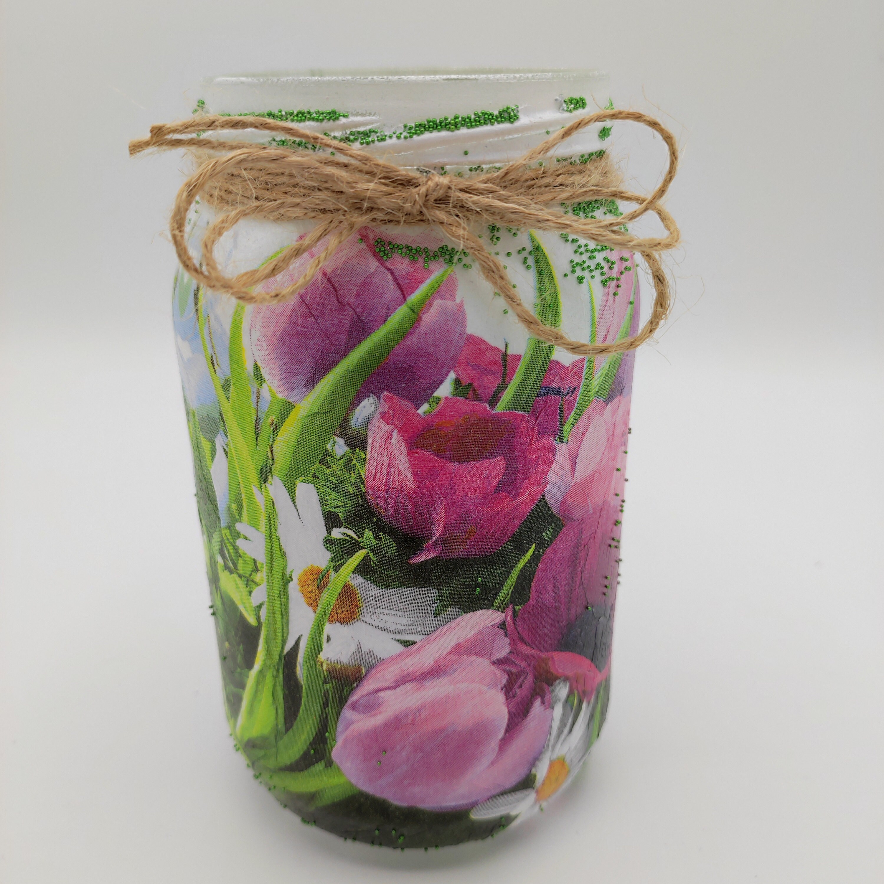 Decoupage Glass Jar Vase, Floral Jar, Spring Glass Vase, Tulips Glass ...