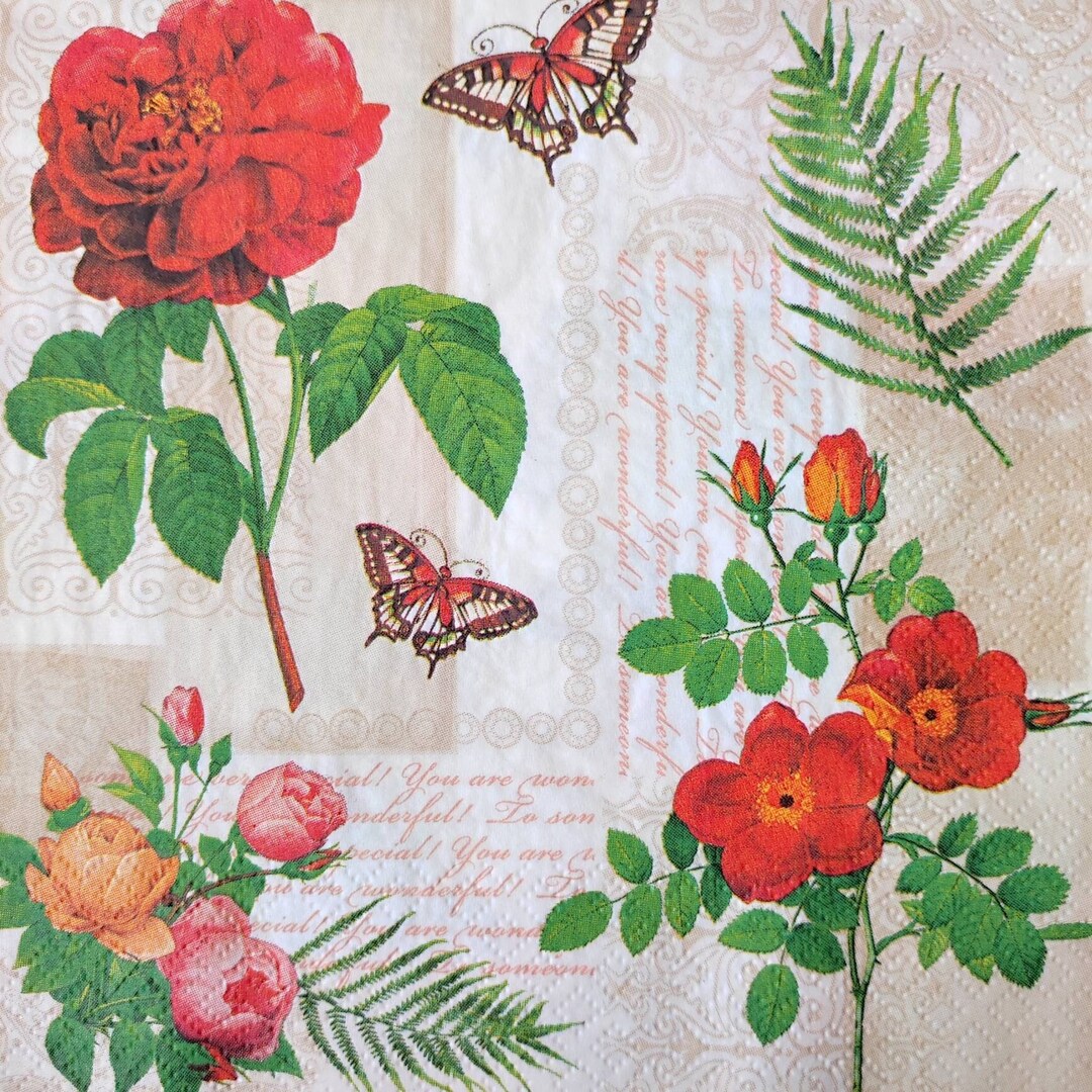 4 Paper Napkins for Decoupage, Flowers and Butterflies on Vintage ...