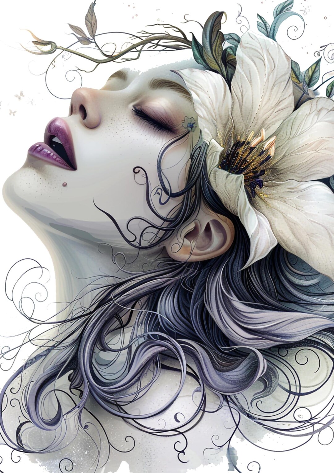 Art Nouveau Woman Rice Paper, Lily Hair Art Print, Floral Hair Design ...