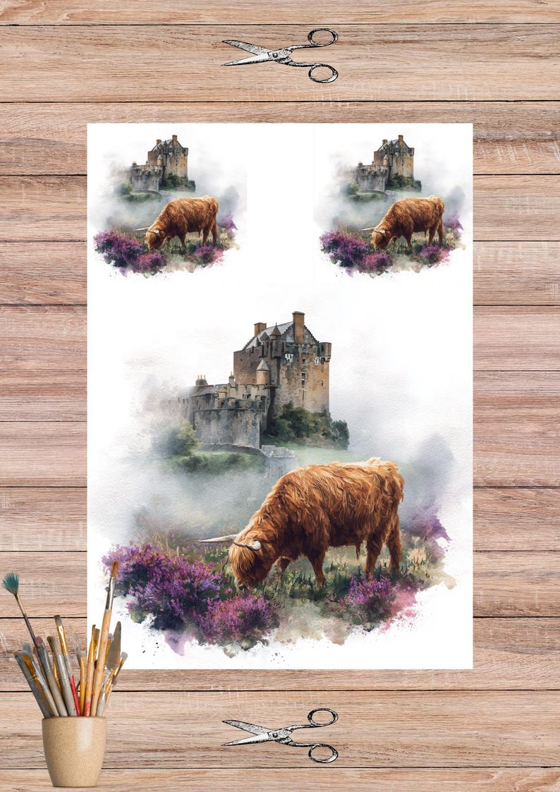 Highland Cow & Scottish Castle Rice Paper: Watercolor Decoupage Sheet ...