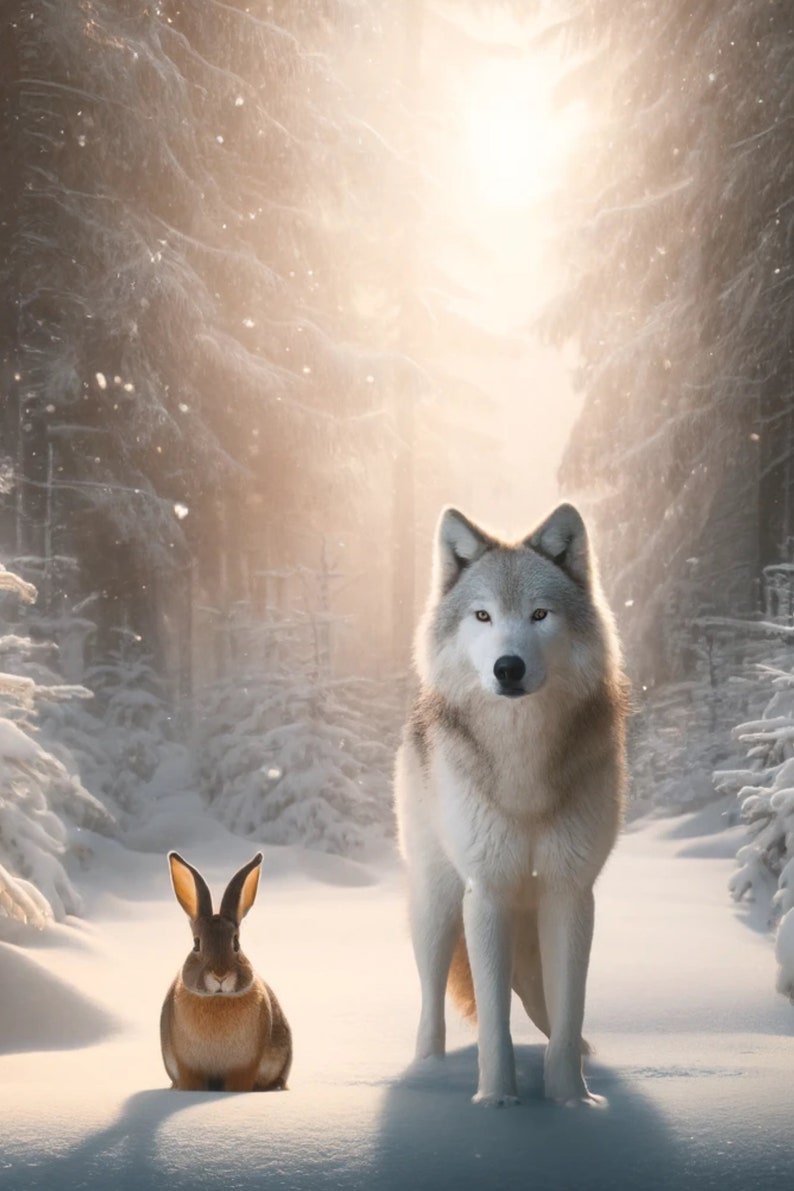 Woolf and Rabbit in Snowy Forest - Decorative Rice Paper for Decoupage ...