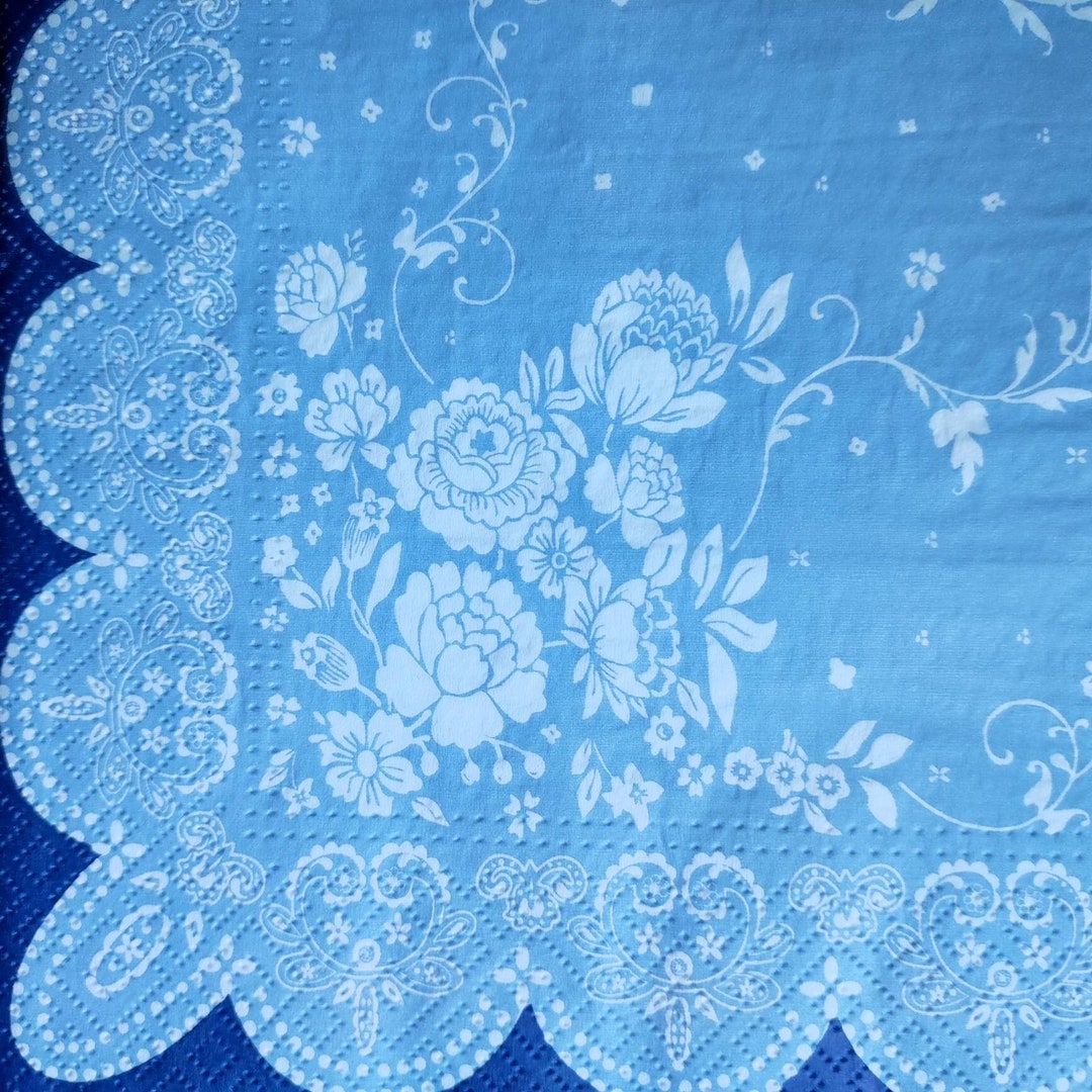 4 Decoupage Paper Napkins, White Floral Lace on Navy Blue Background ...