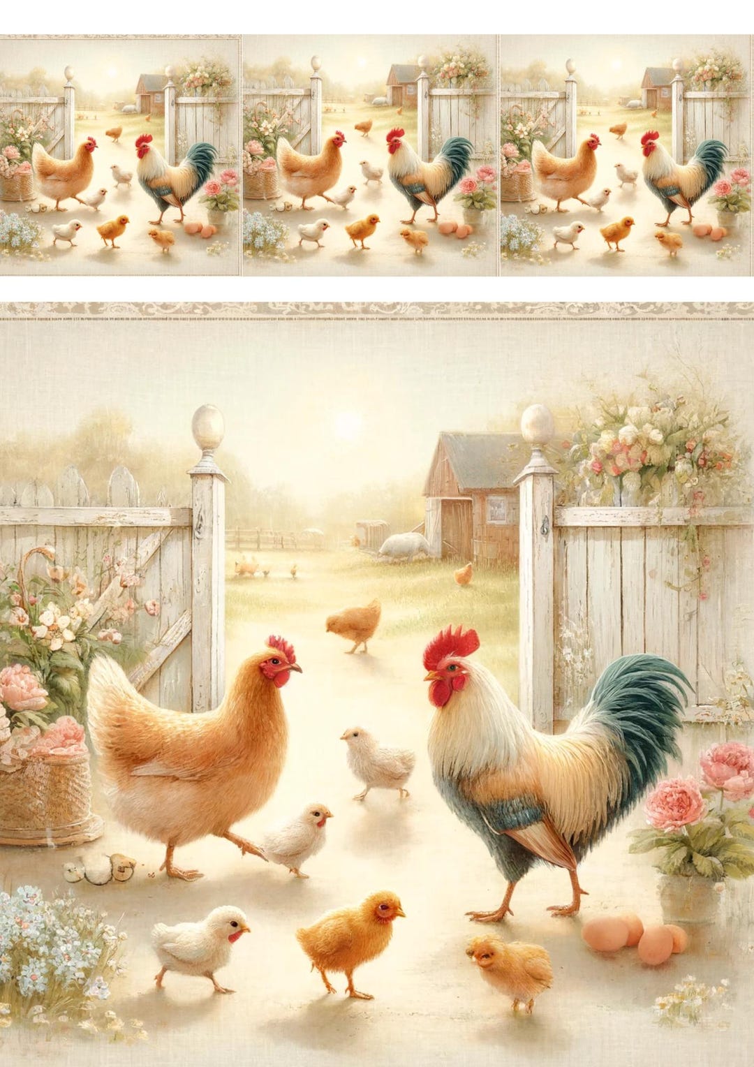 Shabby Chic Rooster and Chickens Rice Paper, Farmyard Rice Paper ...