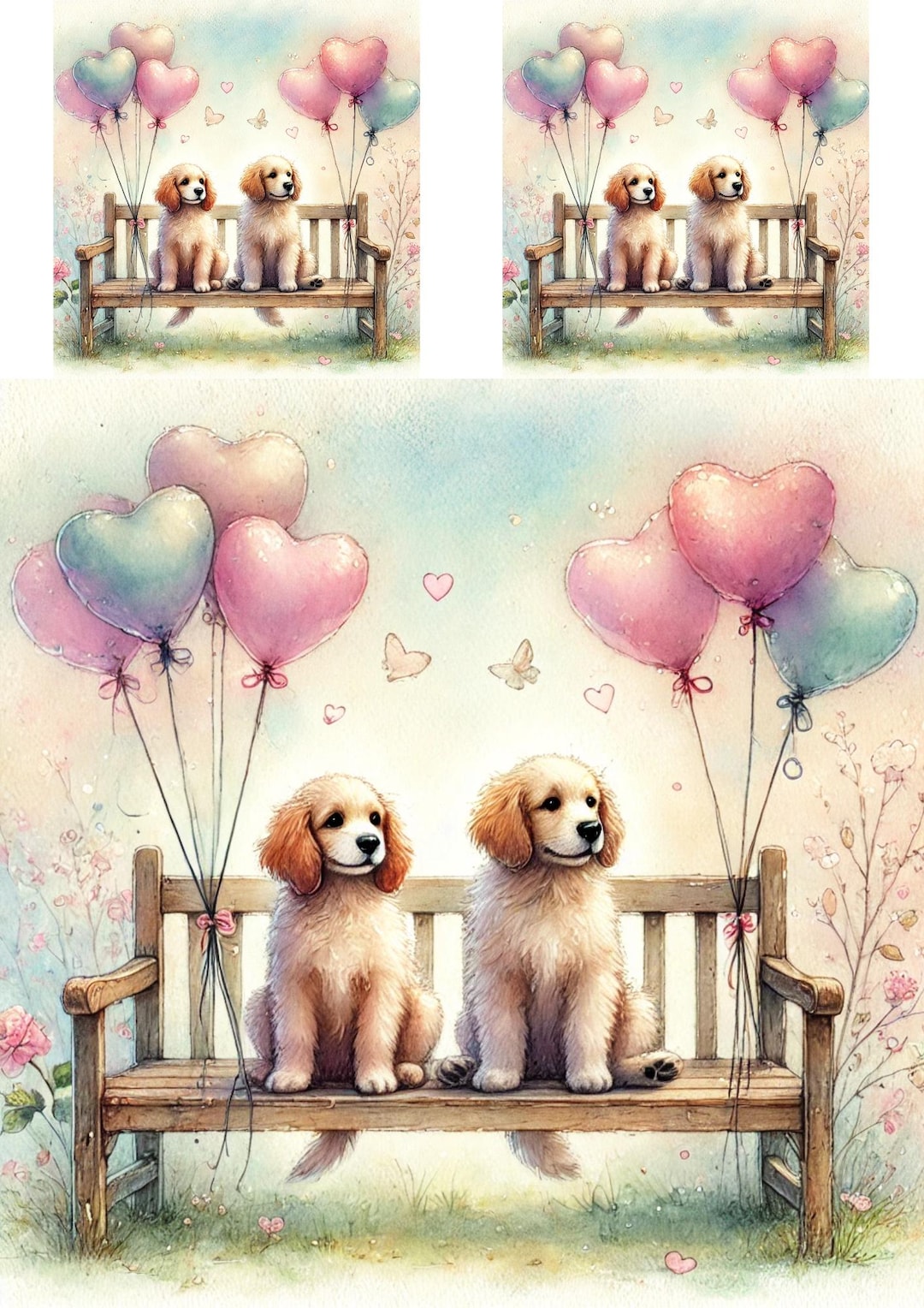 Valentine's Day Rice Paper, Dogs on Bench Decoupage Paper, Heart ...
