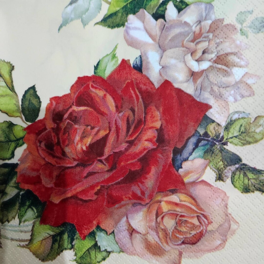 4 Lunch Paper Napkins for Decoupage Technique,roses Wreath, Red Roses ...