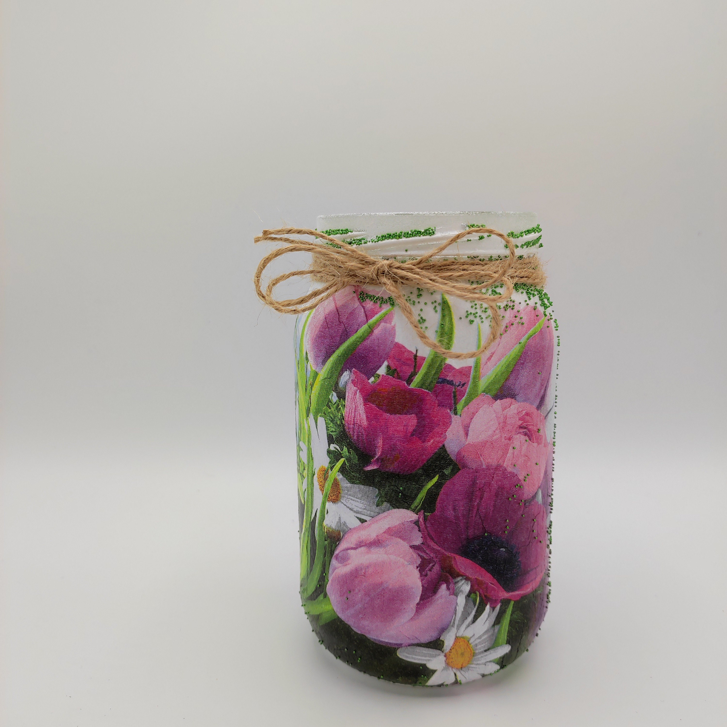 Decoupage Glass Jar Vase, Floral Jar, Spring Glass Vase, Tulips Glass ...