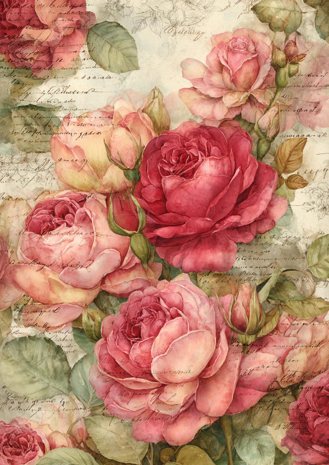 Vintage Rose Rice Paper for Decoupage, Distressed Floral Script, Roses ...