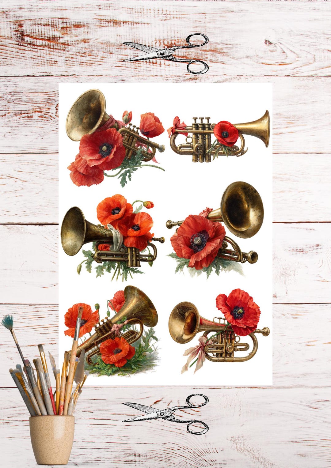 Rice Paper for Decoupage , Vintage Bugle & Red Poppy , Remembrance ...