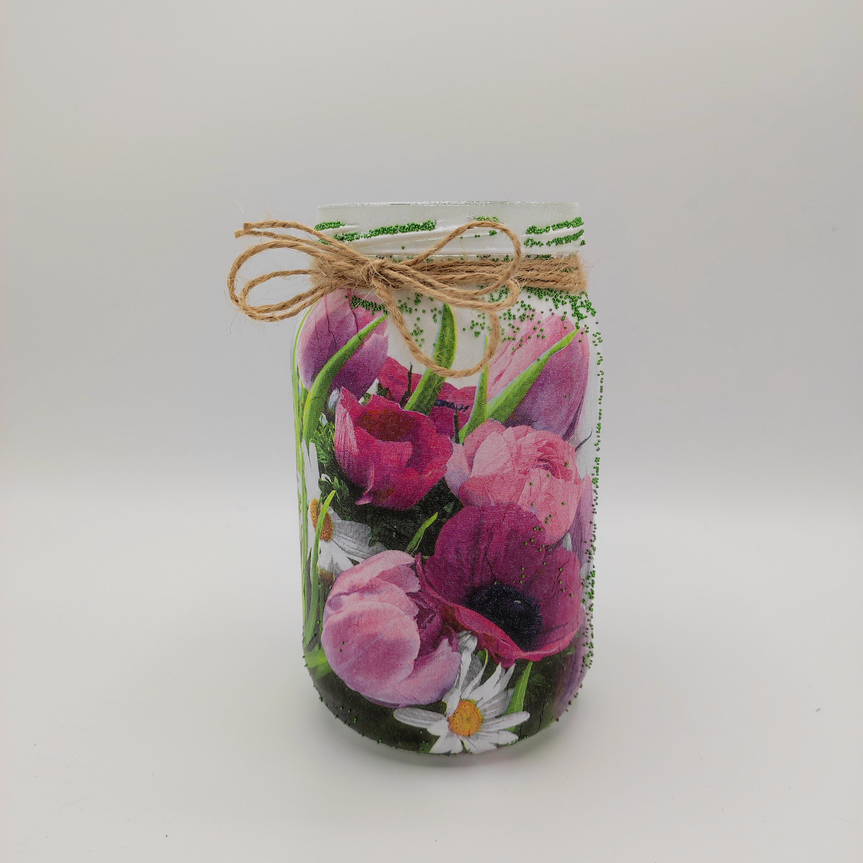 Decoupage Glass Jar Vase, Floral Jar, Spring Glass Vase, Tulips Glass ...