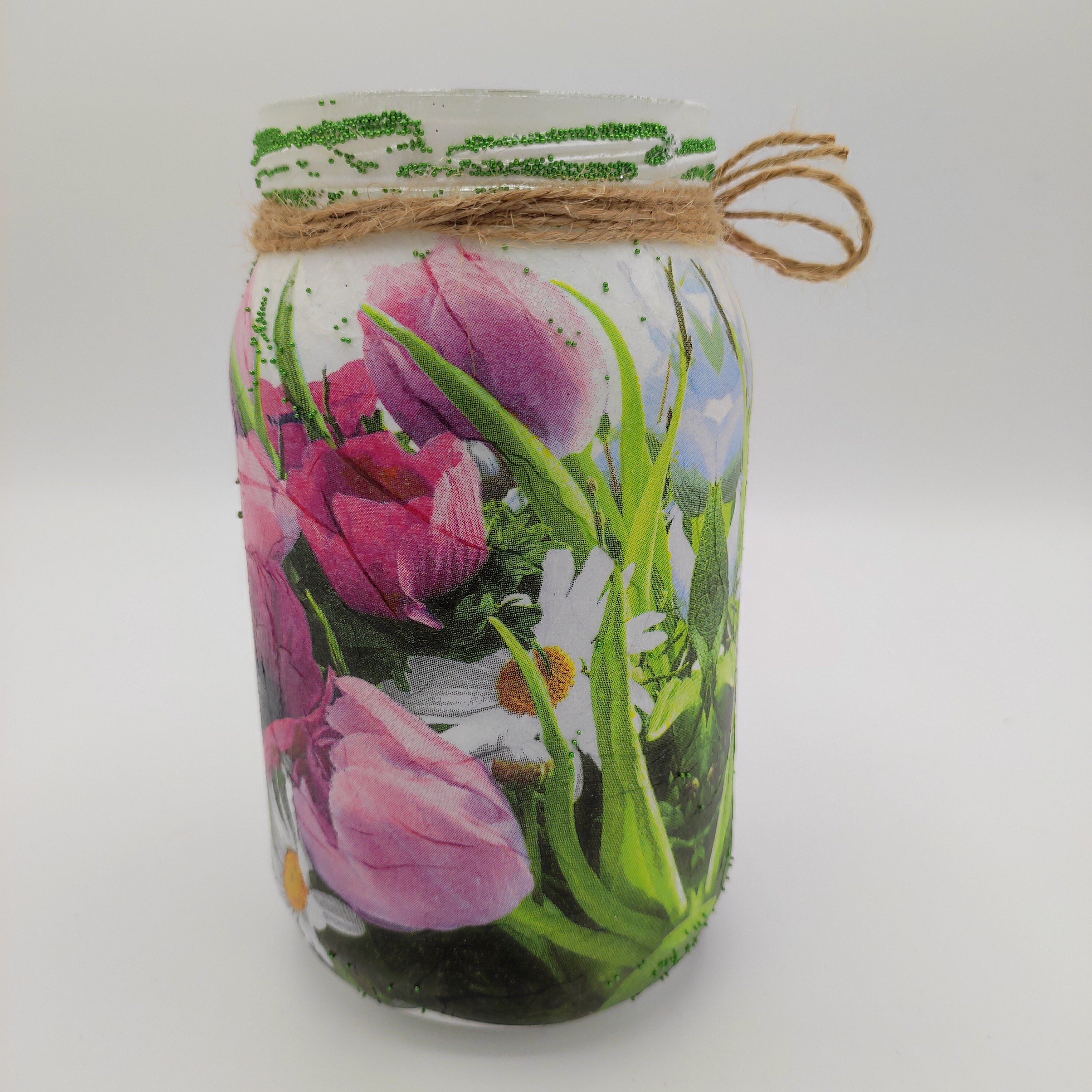 Decoupage Glass Jar Vase, Floral Jar, Spring Glass Vase, Tulips Glass ...