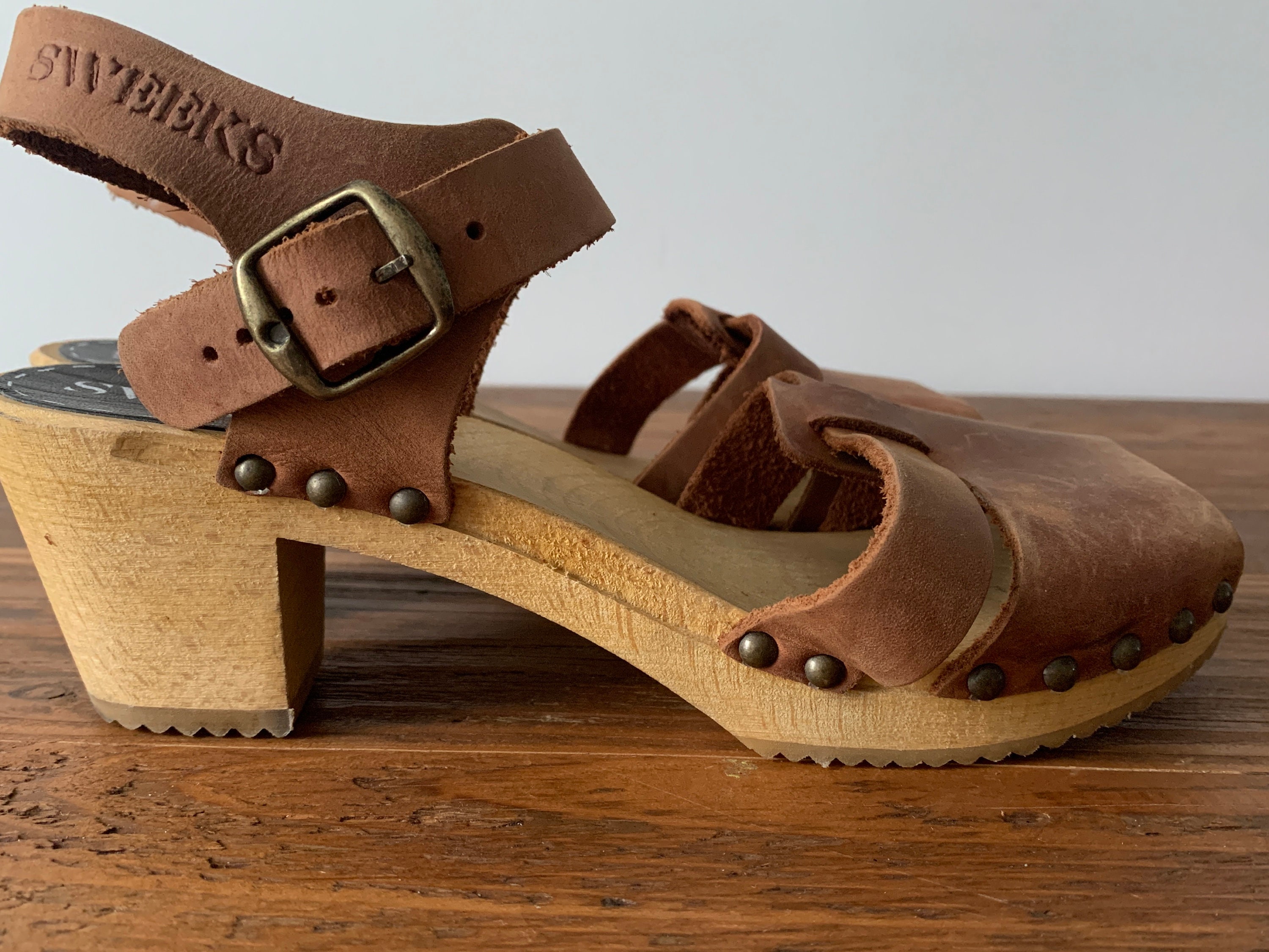 Wooden Swedish Sweeks Brown Cognac Genuine Leather Clogs Boho Hippie ...