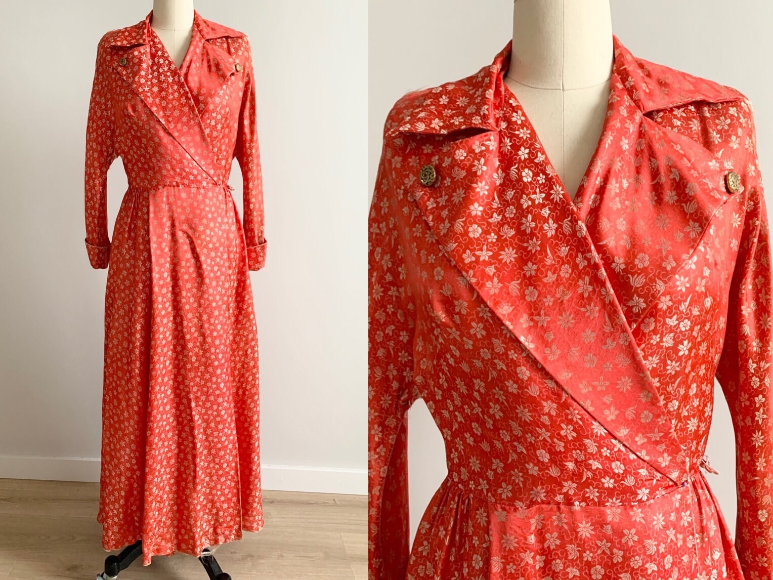 1940s Vintage Silk Robe Dressing Gown Wounded Bird 40s Red Gold Sz XS/S ...