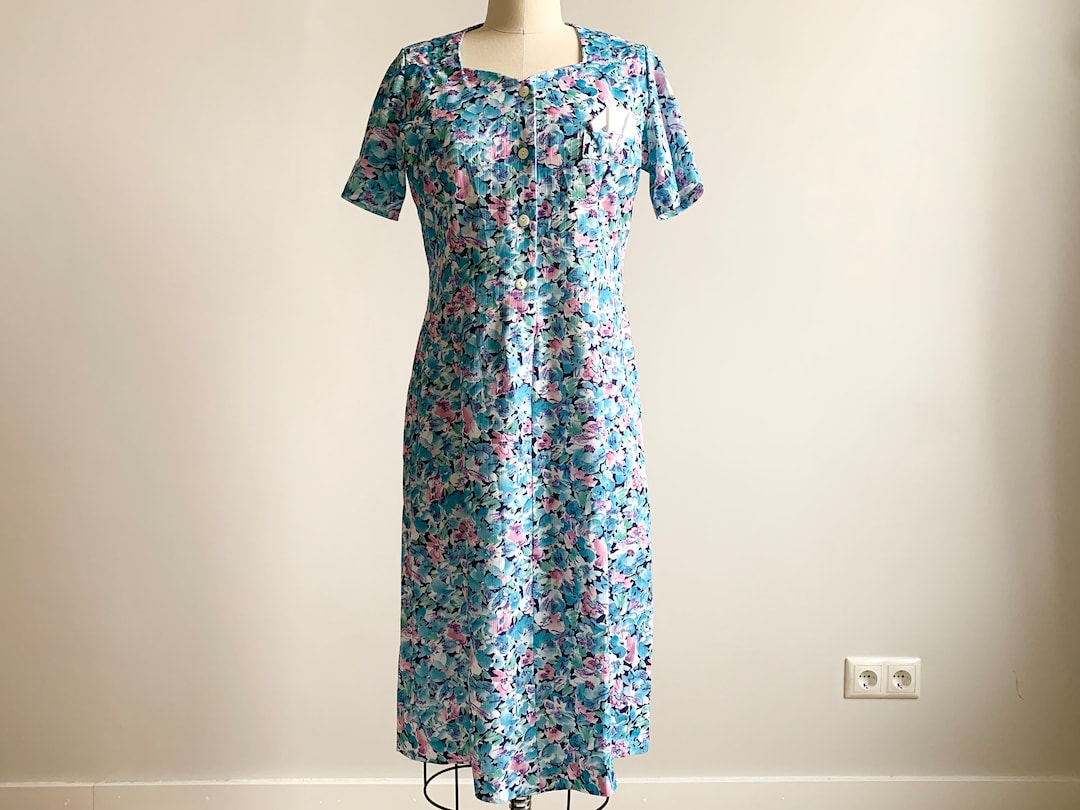 Vintage Floral Waitress Style Dress Blue Pink Short Sleeve 80s A Line ...