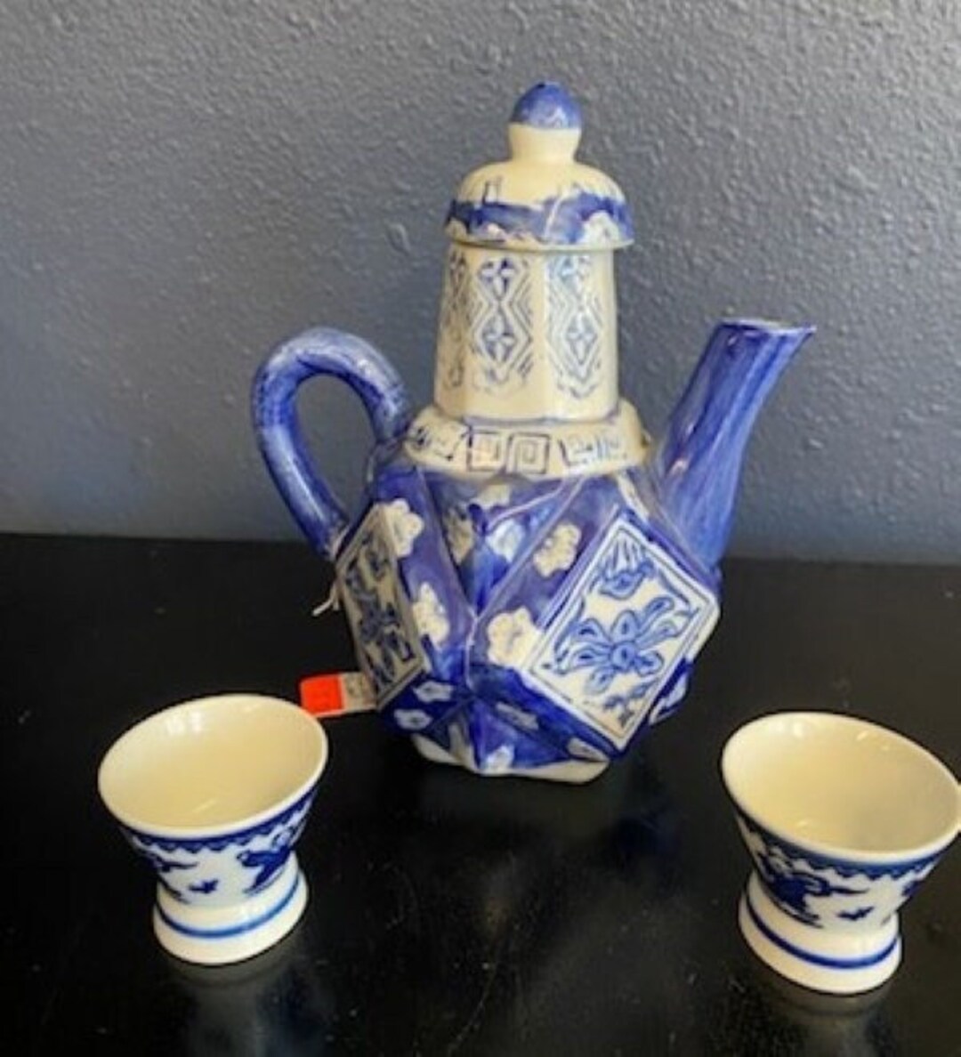 Vintage 1990s Chinoiseries Long Neck White & Blue Floral Teapot W /2 ...