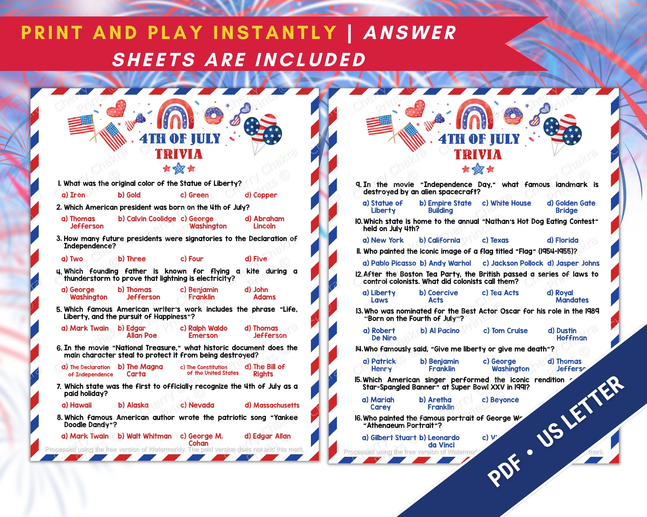4th of July Patriotic Trivia Quiz Game Bundle, Printable Independence ...