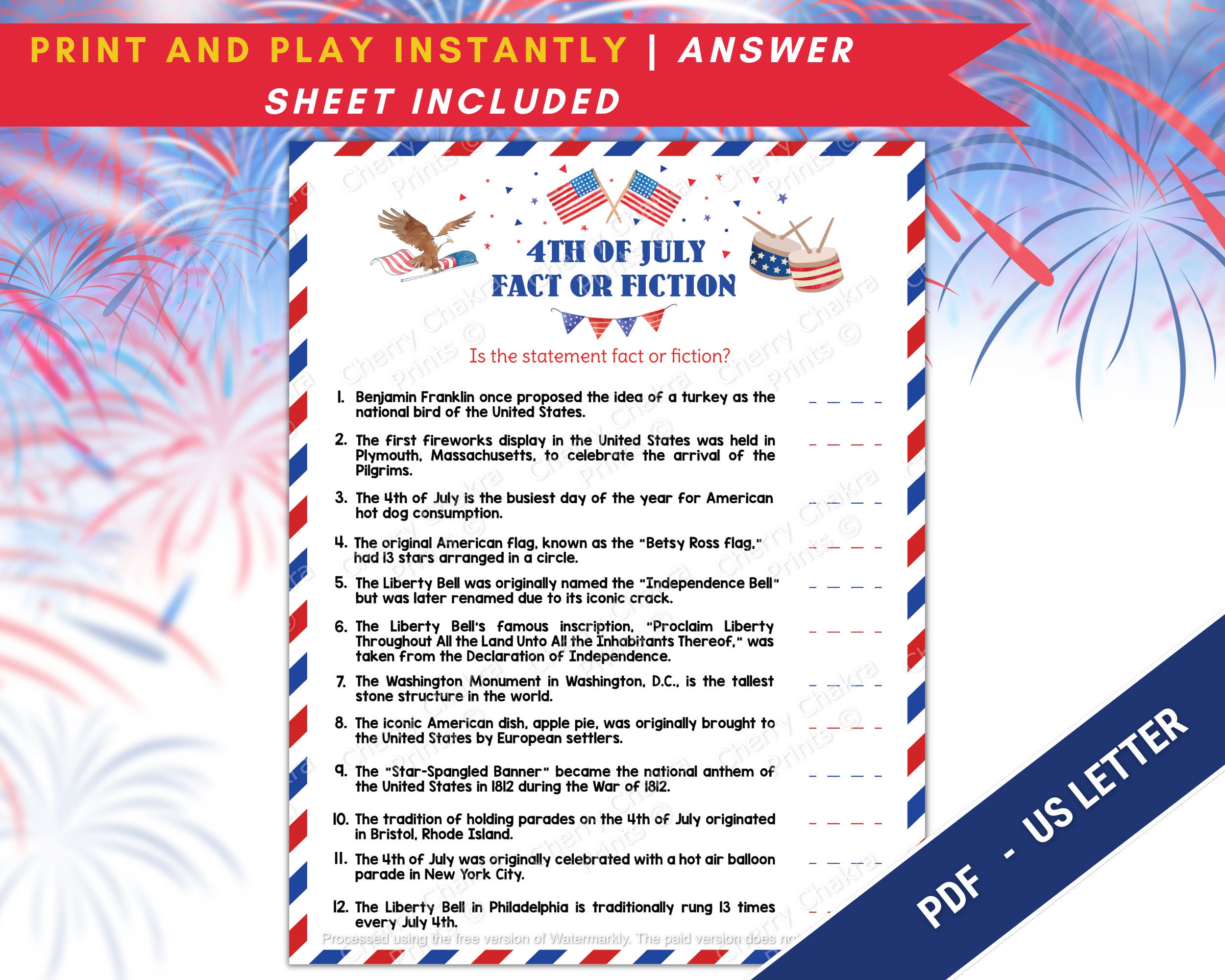 4th of July Patriotic Fact or Fiction Game, Printable Independence Day ...