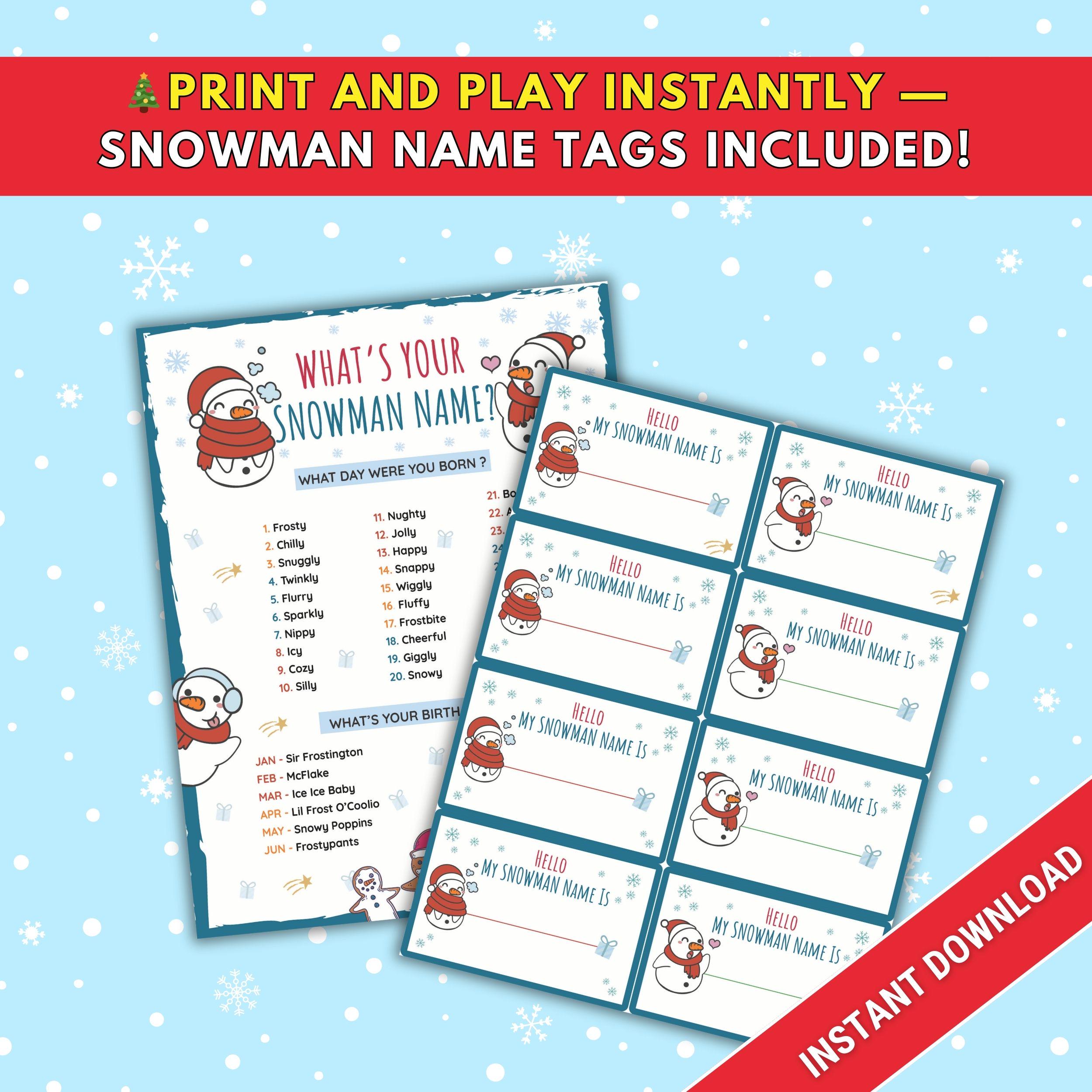 What's Your Snowman Name Game With Name Tags & Sign, Fun Christmas Kids ...