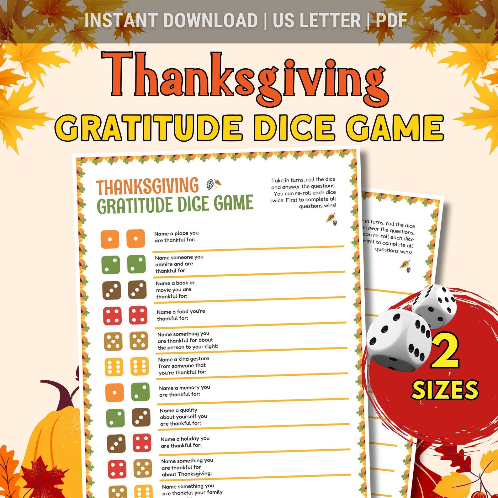 Thanksgiving Gratitude Dice Game, Thanksgiving Printable Game for Kids ...