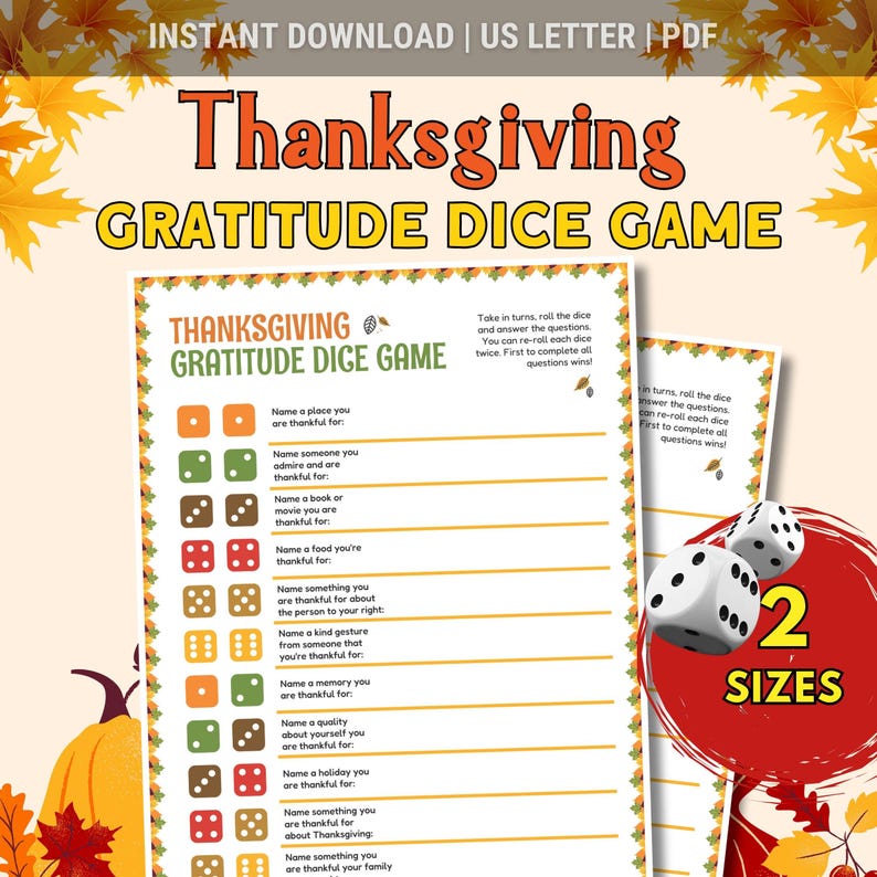 Thanksgiving Gratitude Dice Game, Thanksgiving Printable Game for Kids ...