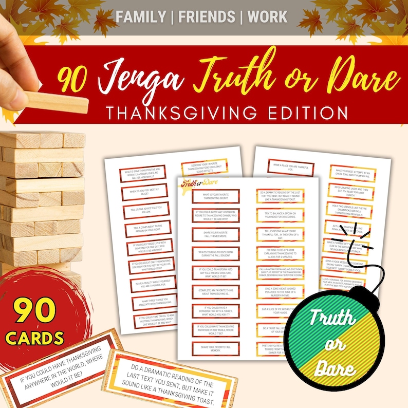 Jenga Truth or Dare Printable Cards for Family Friends Party Work ...