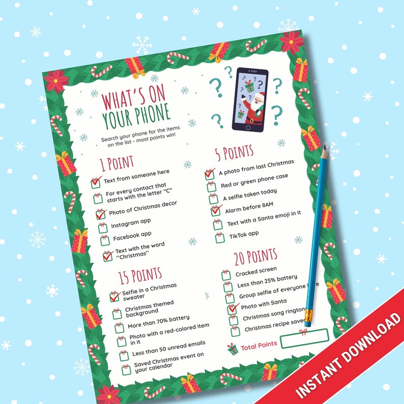 Christmas What's on Your Phone Game, Xmas Scavenger Hunt Games, Fun ...